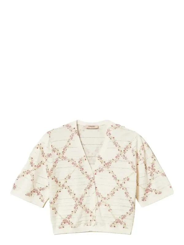 TWINSET Floral Embroidered Ribbed Cardigan With Short Sleeves - White