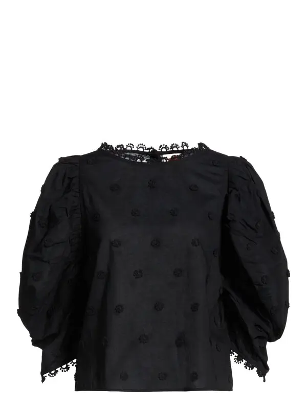 Farm Rio Appliqued Puff Sleeve Top - Black