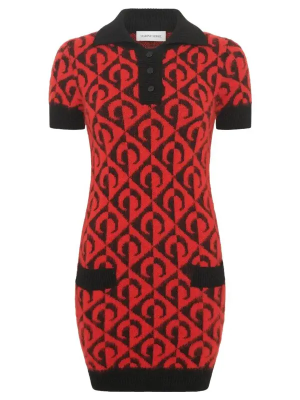 MARINE SERRE Moon Lozenge-knit Polo Dress - Red