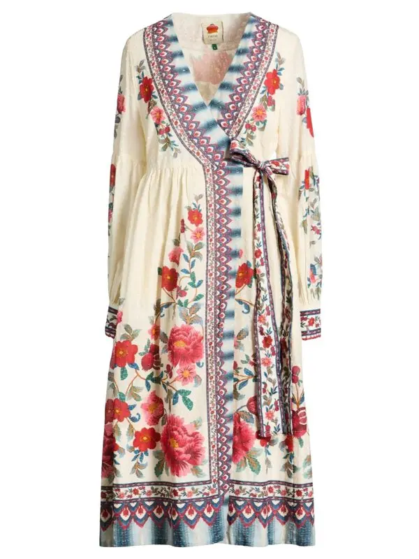 Farm Rio Floral Print Long Sleeve Wrap Dress - Cream
