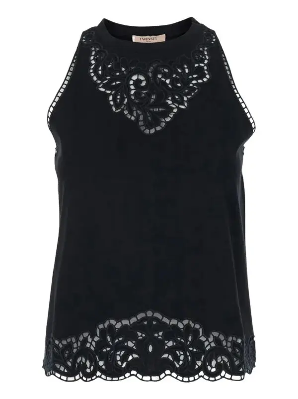 TWINSET Sleeveless Halter Neck Top With Cutwork Lace Trim - Black
