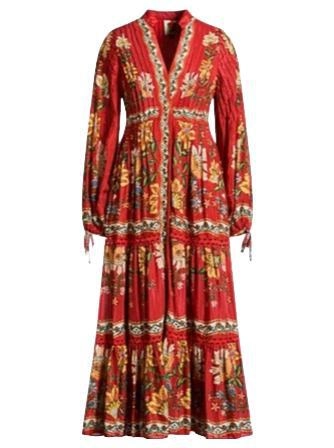 Farm Rio Flared Floral Print Satin Lace Maxi Dress - Red