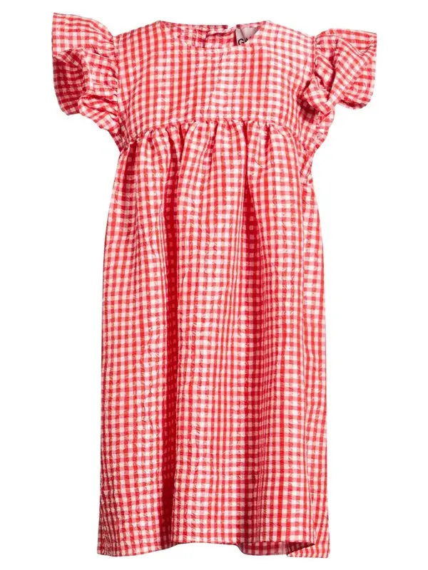GANNI Checked Cap Sleeve Crewneck Dress - Red