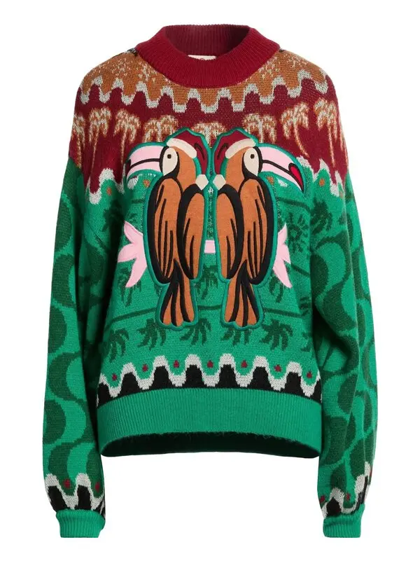 Farm Rio Jacquard-knit Crewneck Pullover With Tropical Print And Embroidered Toucans - Red