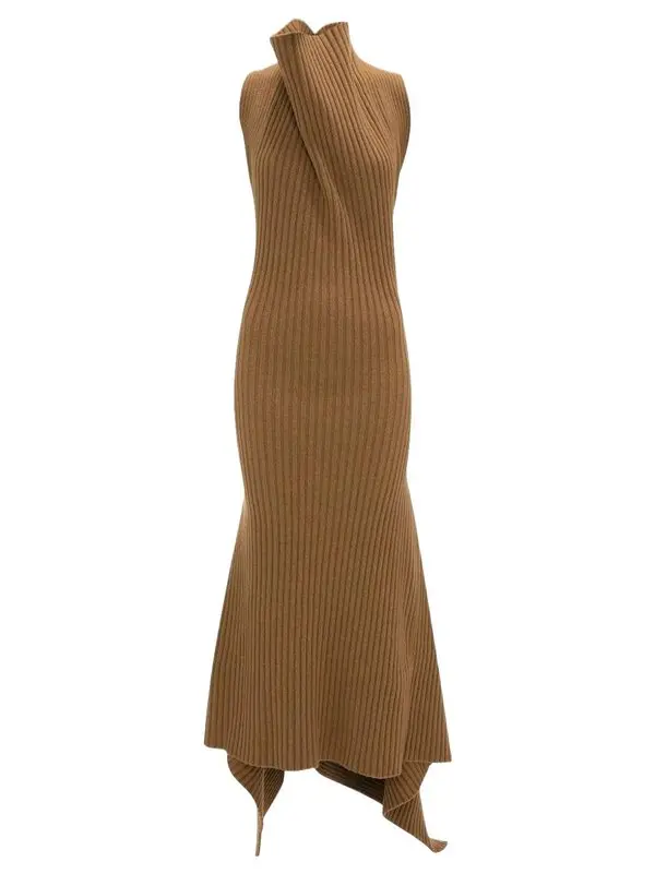 Victoria Beckham Ribbed Draped Midi Dress - Brown
