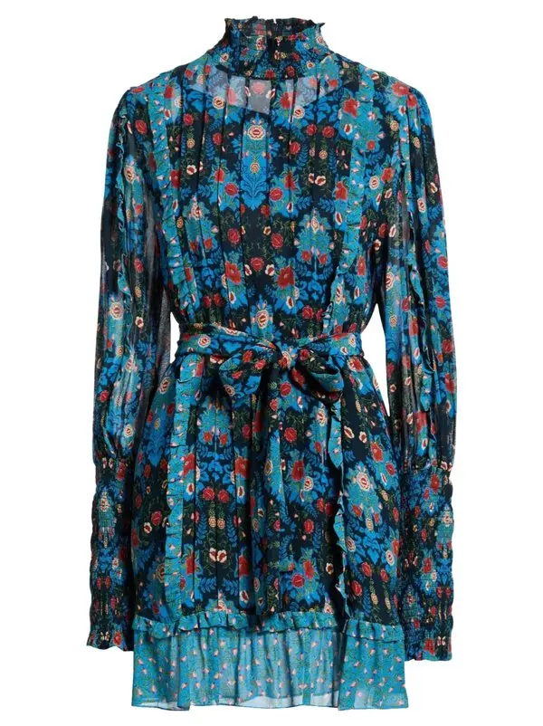 Farm Rio Floral Print High Neck Belted Dress - Blue