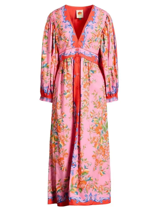 Farm Rio Floral Print Puff Sleeve Flared Maxi Dress - Pink