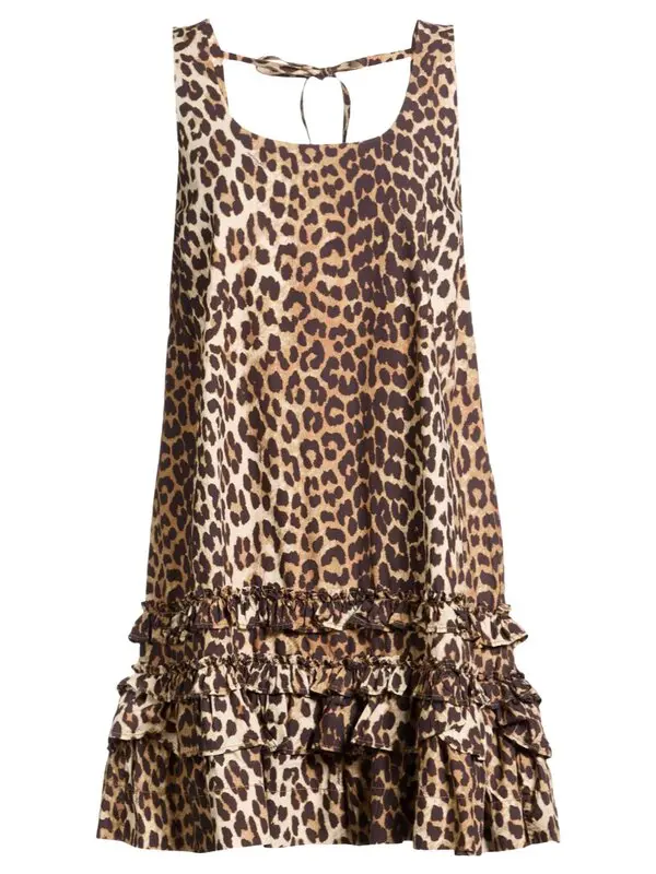 GANNI Leopard Print Sleeveless Ruffled Dress - Brown