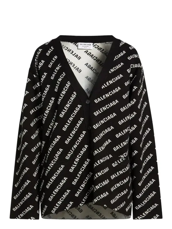 Balenciaga Lightweight Knit V-neck Long Sleeve Cardigan With Printed Logo - Black