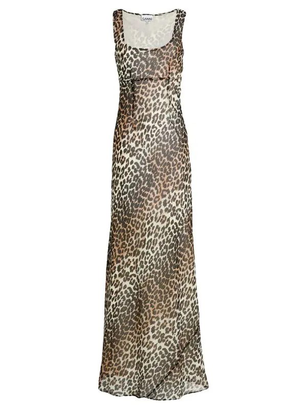 GANNI Sleeveless Leopard Print Georgette Maxi Dress - No