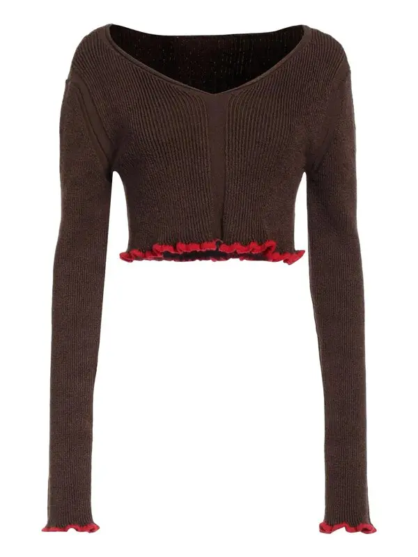 Jacquemus Cropped V-neck Knit Top With Contrast Trim - Brown