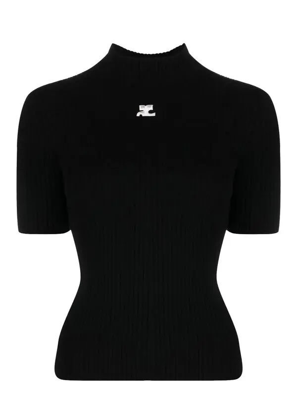 COURREGES Short-sleeved Ribbed Knit Sweater - Black