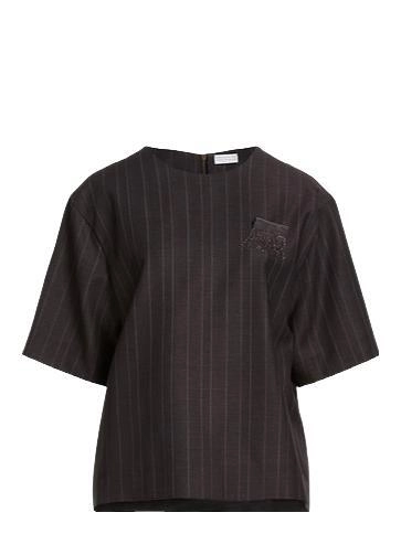 Brunello Cucinelli Pinstriped Wool Short Sleeve Top - Black