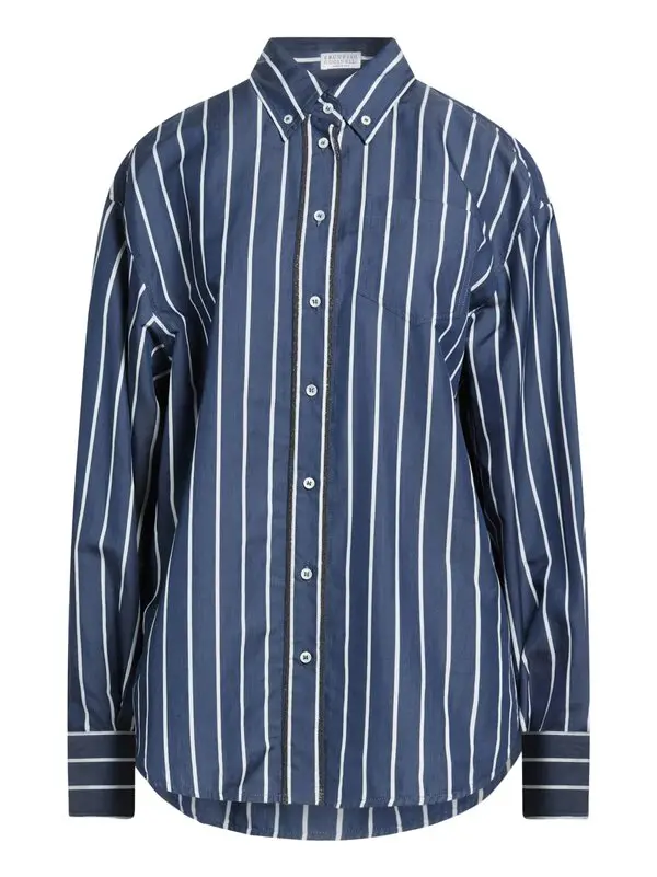 Brunello Cucinelli Striped Poplin Long Sleeve Shirt - Blue