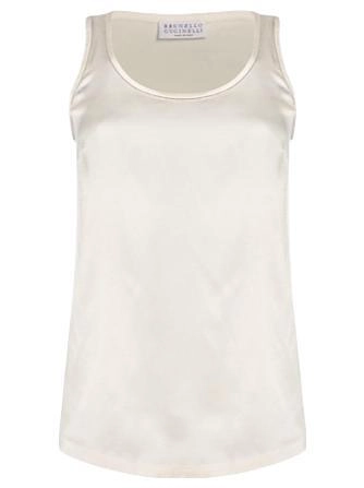 Brunello Cucinelli Sleeveless Scoop Neck Top With Satin Trim - White