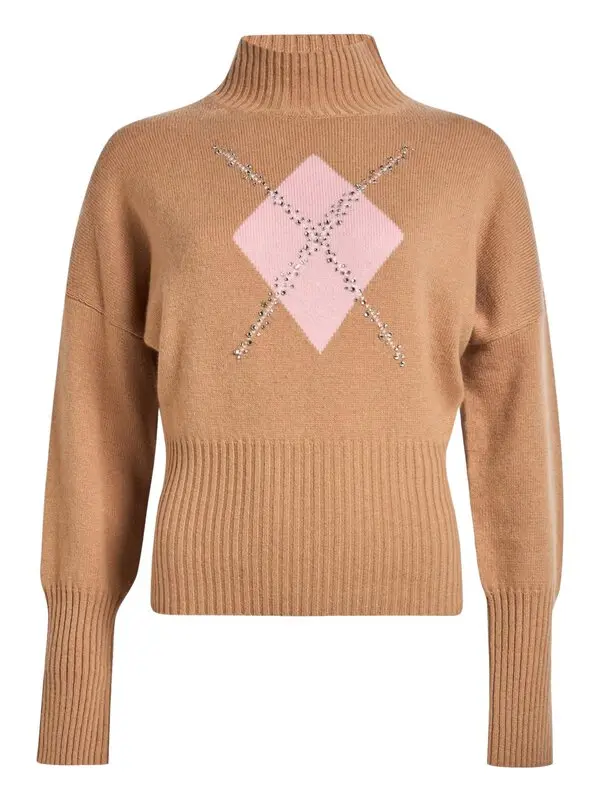Max Mara Two-tone Wool Intarsia-knit Turtleneck With Crystal Embellishments - No