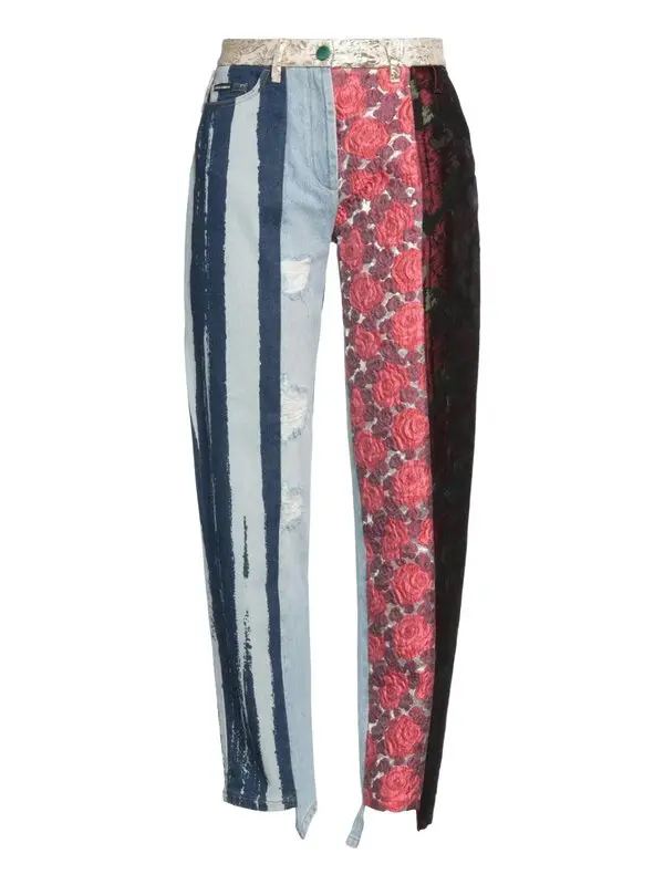 Dolce & Gabbana Floral Brocade And Striped Denim Trousers - Blue