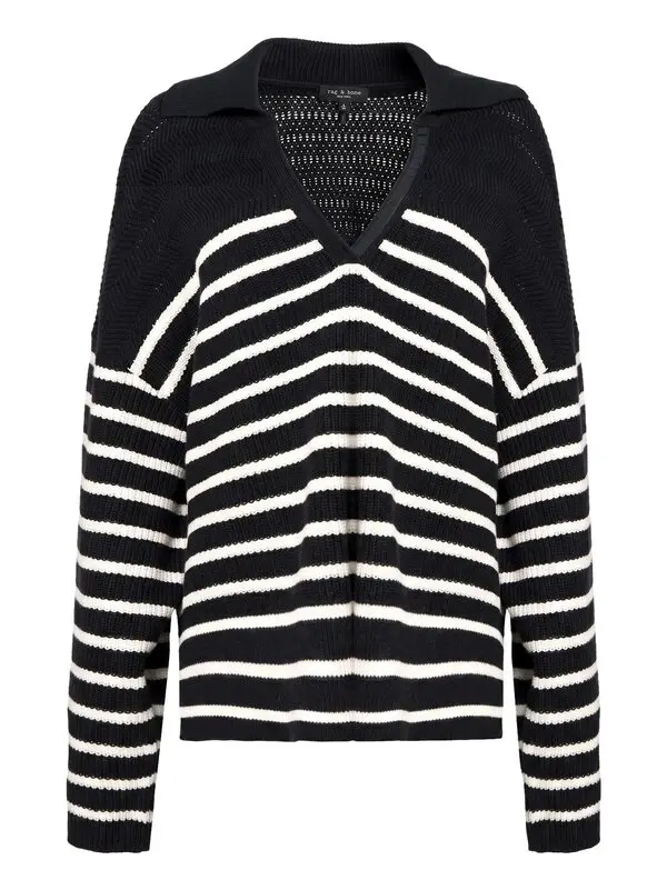 Rag & Bone Striped V-neck Knit Pullover With Side Slits - Black