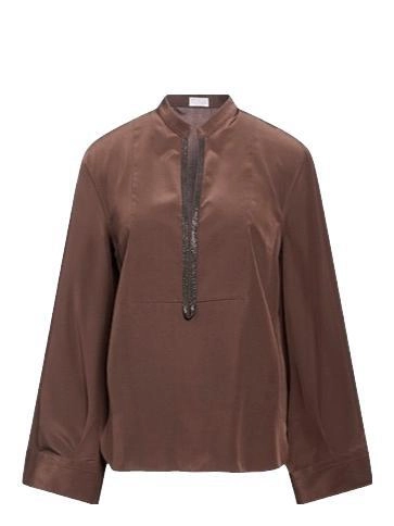 Brunello Cucinelli Satin Long Sleeve Mandarin Collar Embellished Blouse - Chocolate Brown