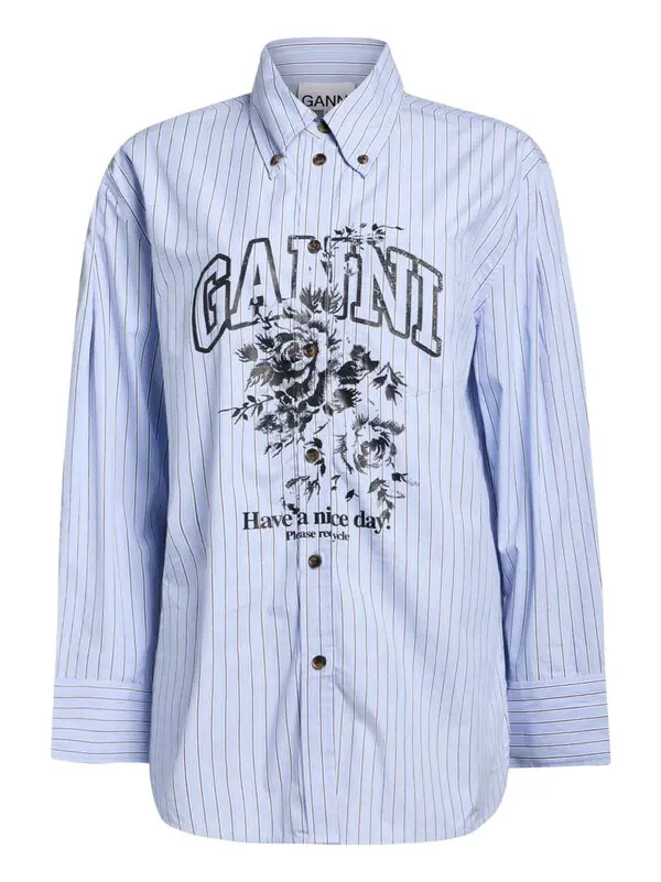 GANNI Striped Long Sleeve Shirt With Logo Graphic - Blue