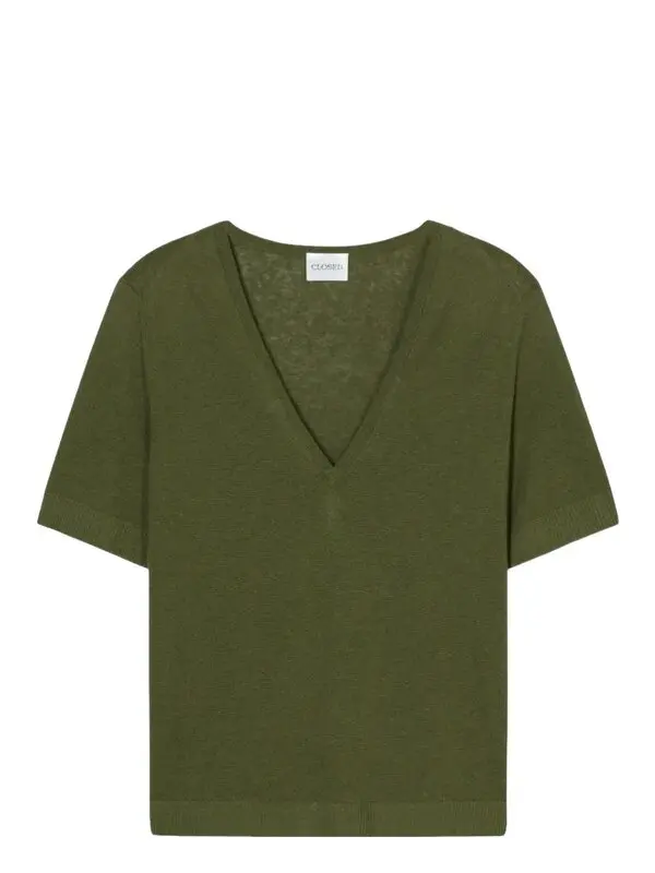 Closed V-neck Short-sleeve Sweater - No