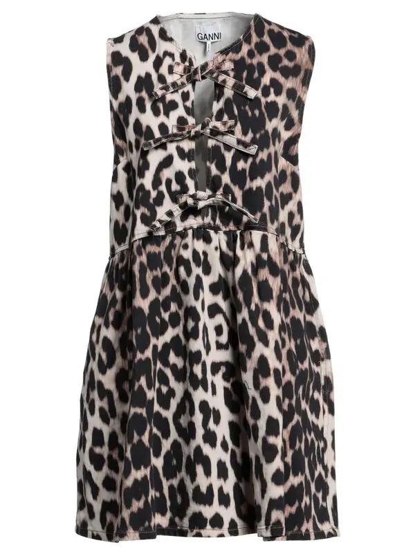 GANNI Sleeveless Leopard Print Denim Dress - Sand-colored