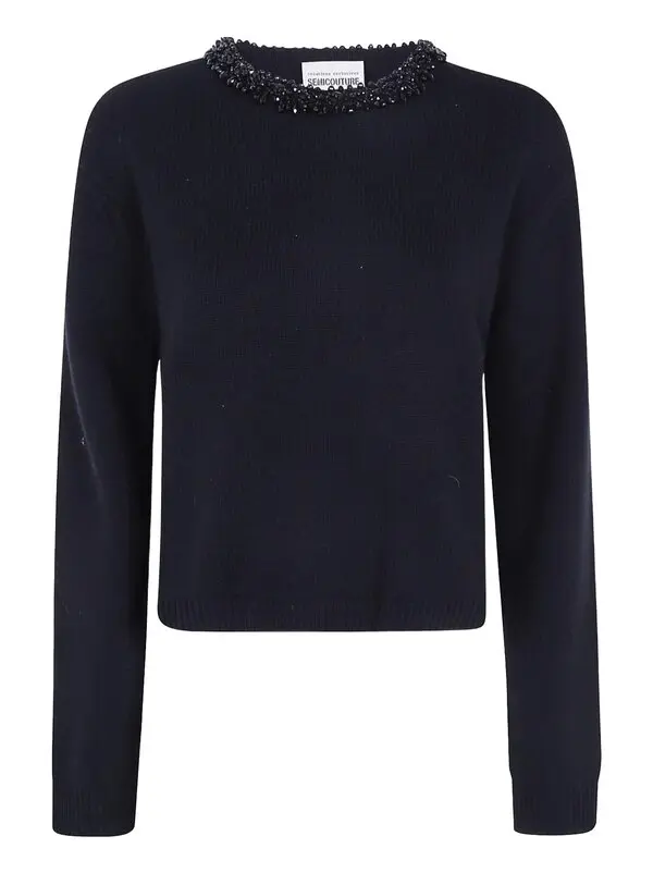 SEMICOUTURE Denny Beaded Embellished Crew Neck Sweater - Black