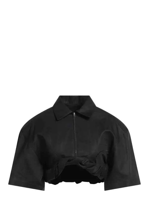 Jacquemus Cropped Plain Color Woven Top With Classic Collar And Zip Fastening - Black