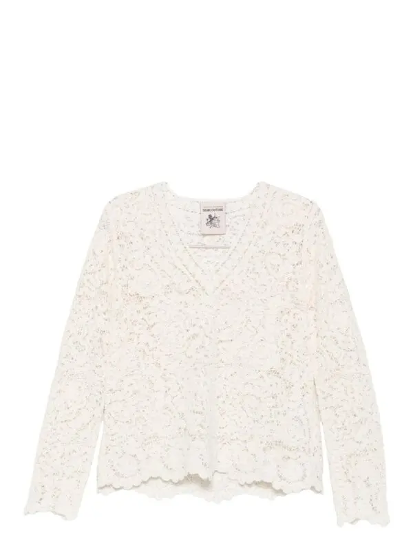 SEMICOUTURE Open-knit Long Sleeve V-neck Top With Asymmetric Hem - White