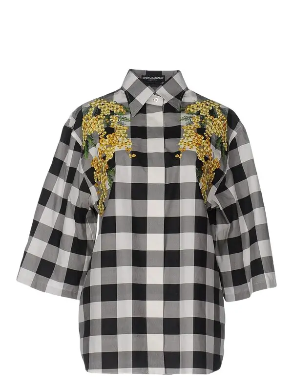 Dolce & Gabbana Checked Embroidered 3/4 Sleeve Shirt - Black