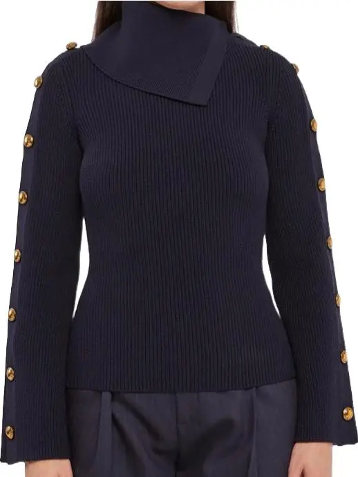 Elisabetta Franchi Ribbed Knit High-neck Sweater With Button Details - Blue
