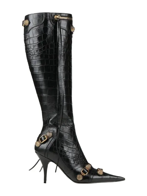 Balenciaga Knee High Pointed Toe Buckled Leather Boots - Black