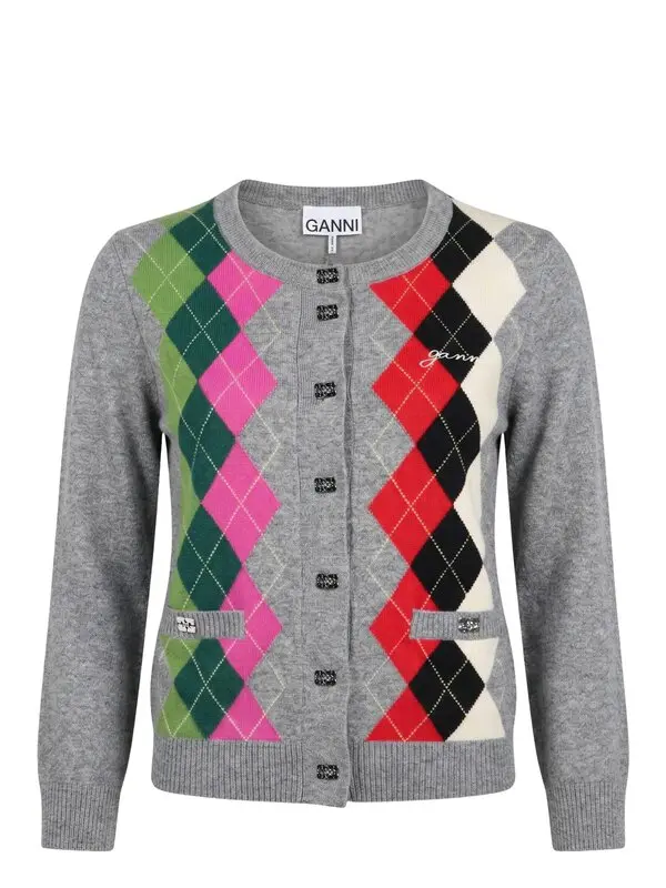 GANNI Geometric Wool Knit Cardigan - Grey