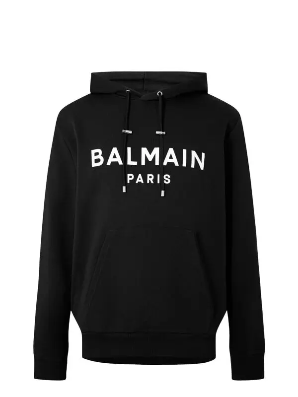 Balmain Logo Cotton Printed Hoodie - Black