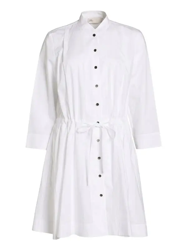 Tory Burch Solid Color Poplin Shirtdress With Mandarin Collar And Drawstring Waist - White