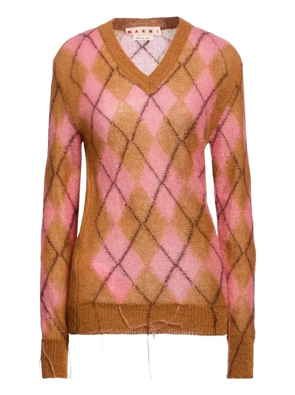 Marni V-neck Argyle Pullover - Brown