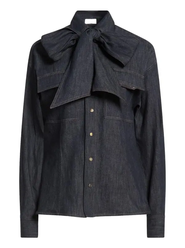 Brunello Cucinelli Darkwash Denim Shirt With Embellished Bow Detail - Blue