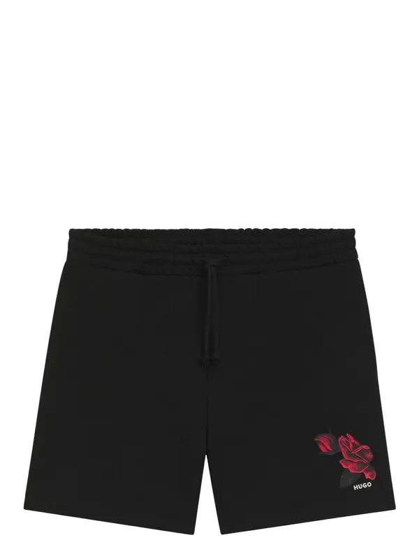 Hugo Boss Cotton Blend Elasticated Waist Shorts With Floral Applique - Black