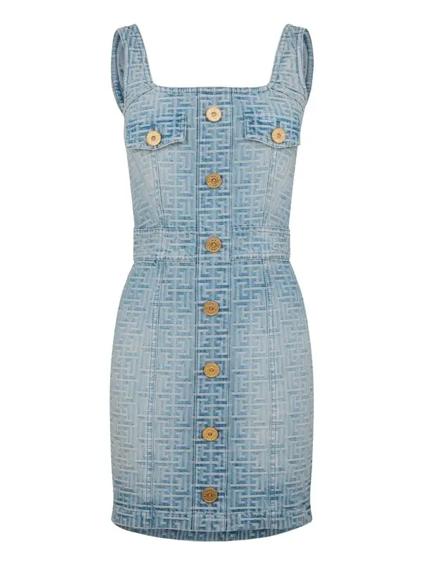 Balmain Printed Denim Mini Dress - Blue