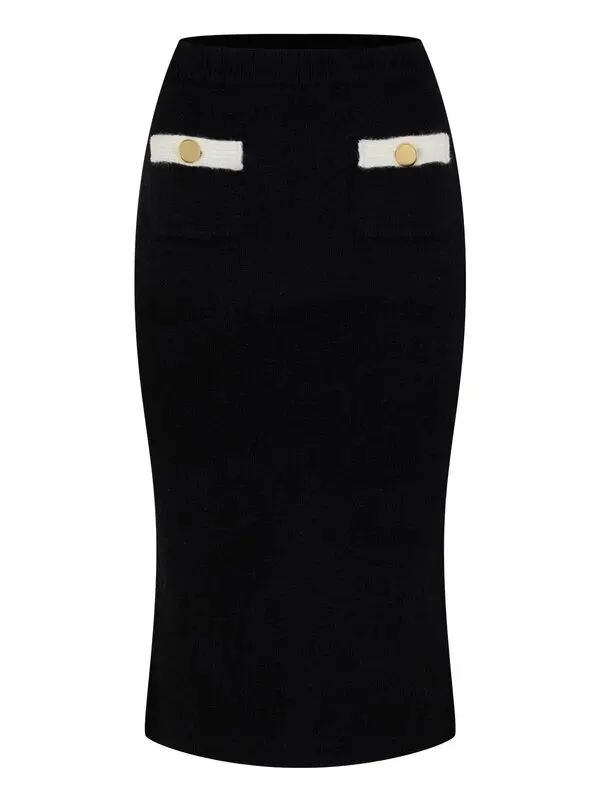 Alessandra Rich Knit Midi Skirt With Gold Button Embellishments - Black