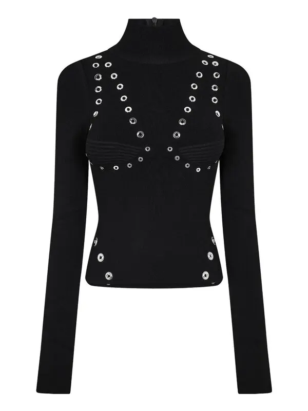 Off-White High-neck Sweater With Silver Studded Details And Back Zipper - Black