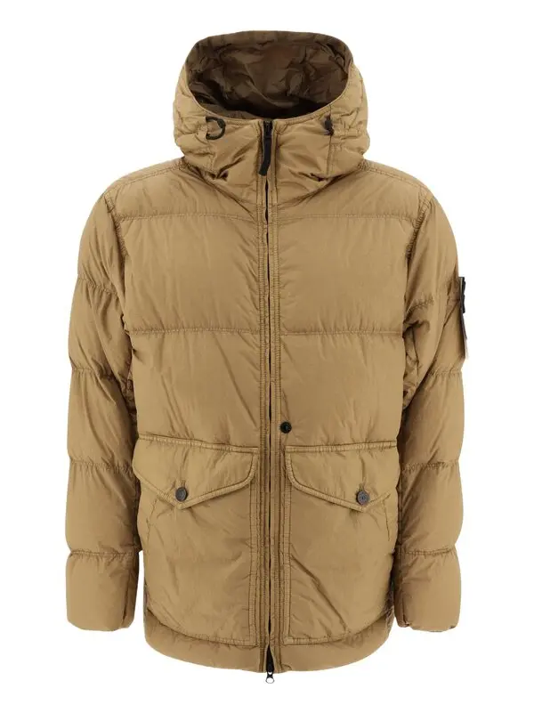 Stone Island Logo Patch Hooded Puffer Jacket - Biscuit