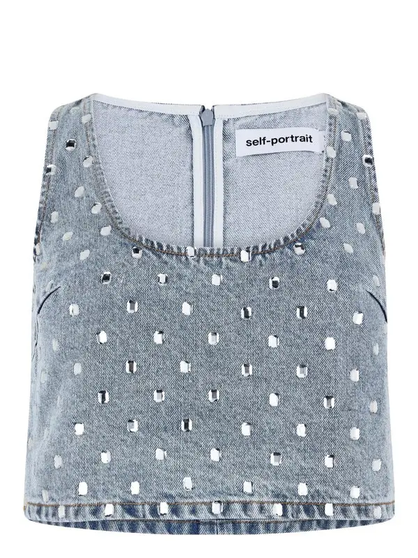 SELF-PORTRAIT Rhinestone Embellished Denim Top - Blue