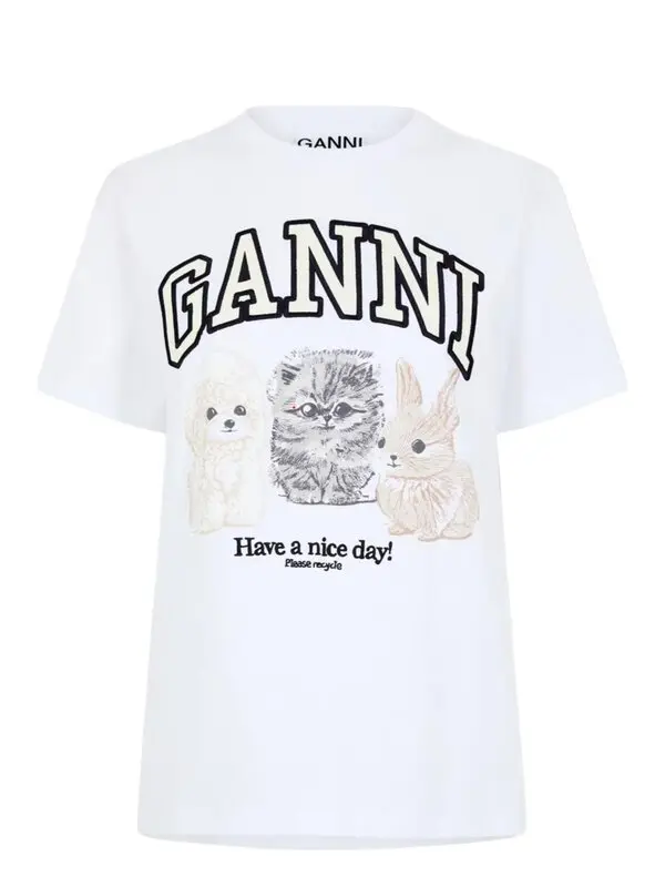 GANNI Crew Neck T-shirt With Front Print - White