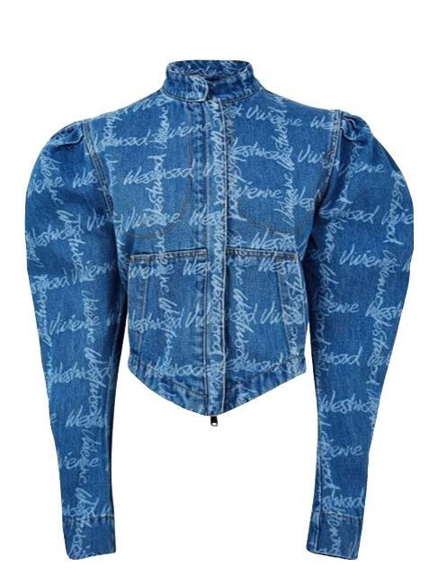 VIVIENNE WESTWOOD Denim Jacket With Stand Collar And Graphic Print - Blue