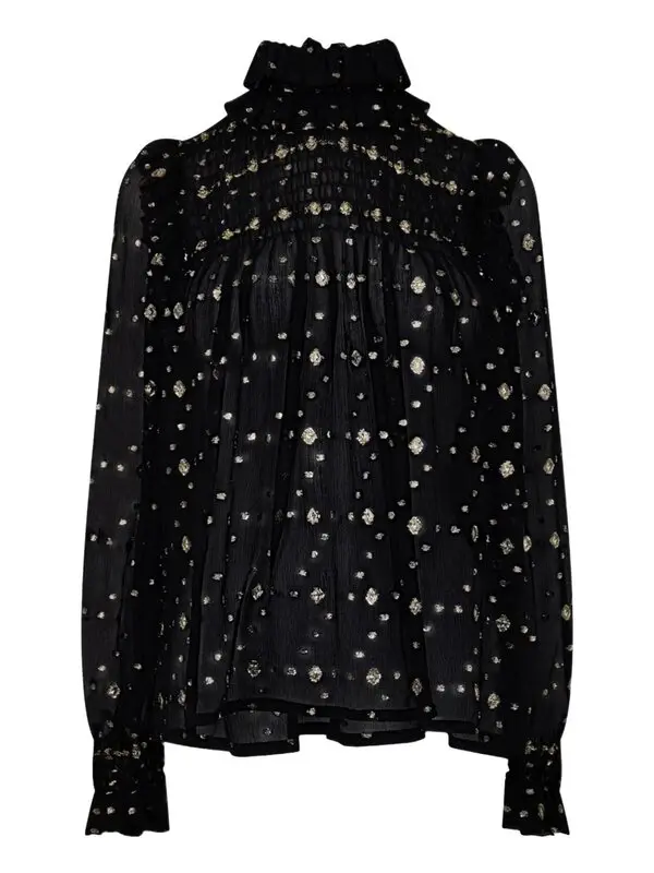Saint Laurent Ruffled High Neck Long Sleeve Blouse - Black