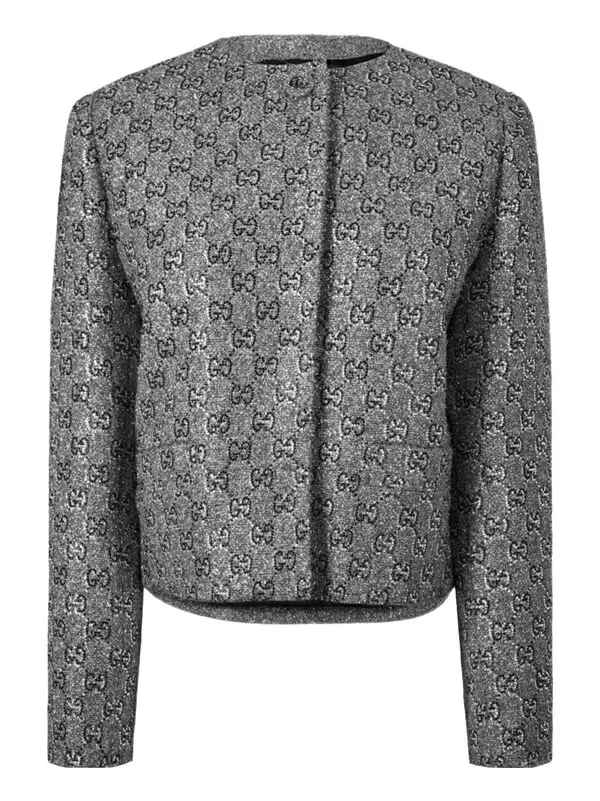 Gucci Embroidered Wool Jacket With Gg Crystal Logo - Gray