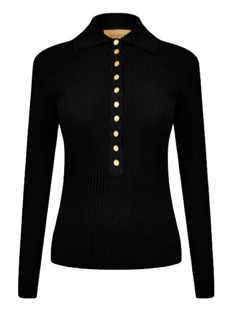 Gucci Fine Rib Long Sleeve Polo Shirt - Black