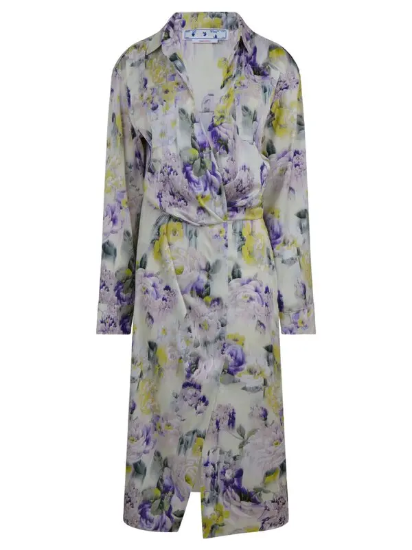 Off-White Floral Print Satin Twist Long Dress - Gray