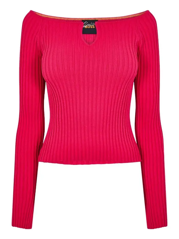 Hugo Boss Ribbed Knit Sweater With Keyhole Neckline - Red